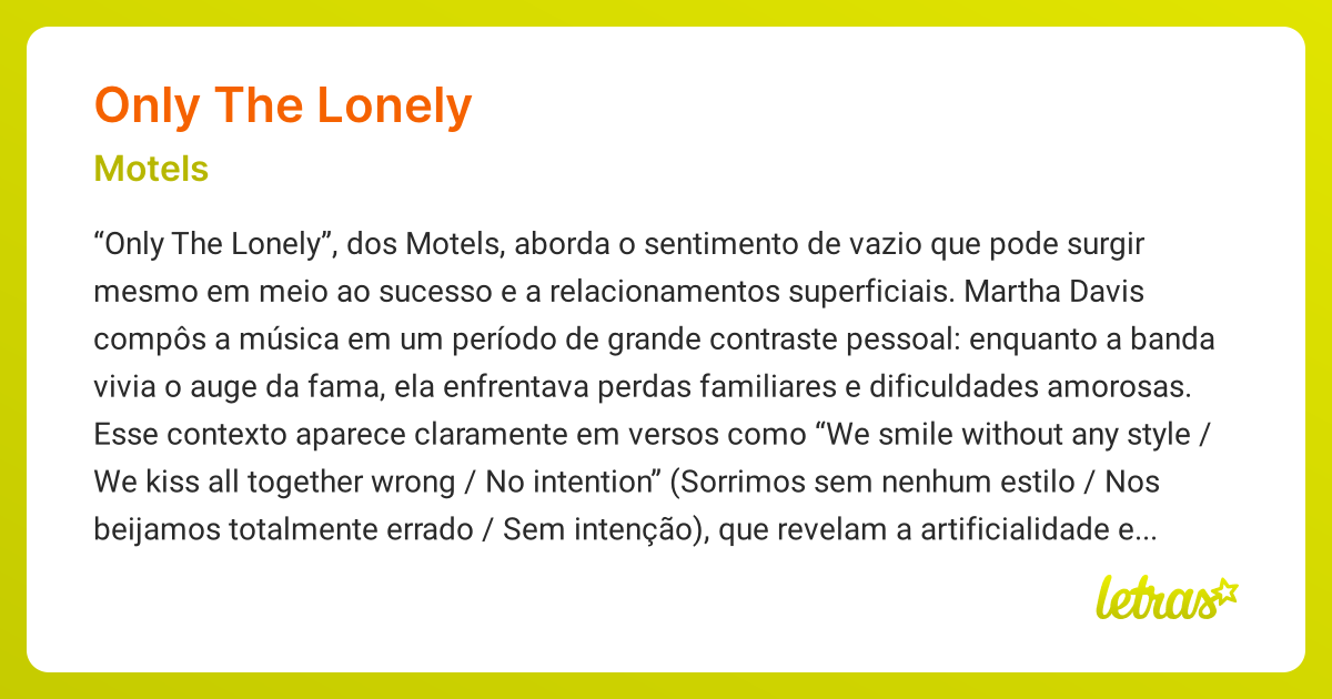 Significado da música ONLY THE LONELY (Motels) - LETRAS.MUS.BR
