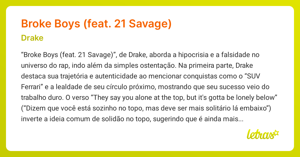 Significado da música BROKE BOYS (FEAT. 21 SAVAGE) (Drake) - LETRAS.MUS.BR