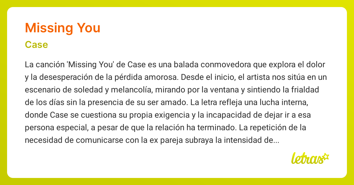 Significado de la canción MISSING YOU (Case) - LETRAS.COM
