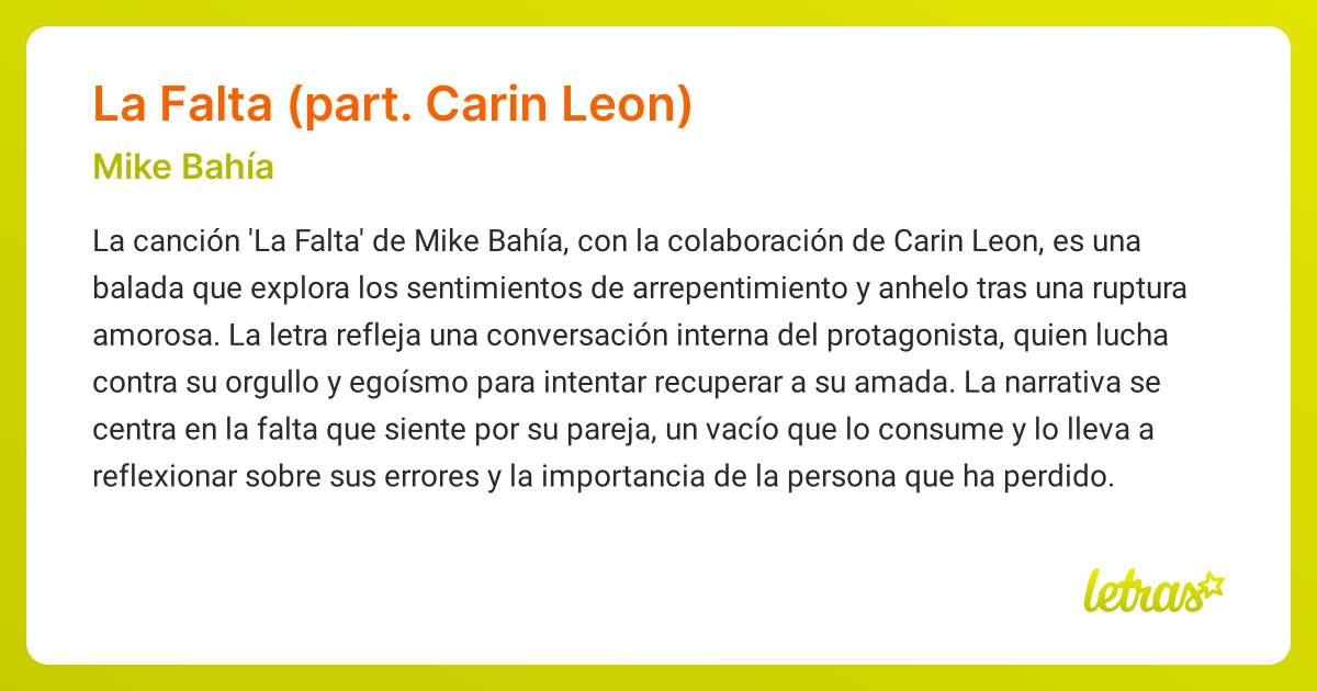 Significado de la canción LA FALTA (PART. CARIN LEON) (Mike Bahía ...
