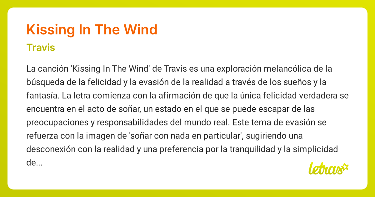 Significado de la canción KISSING IN THE WIND (Travis) - LETRAS.COM