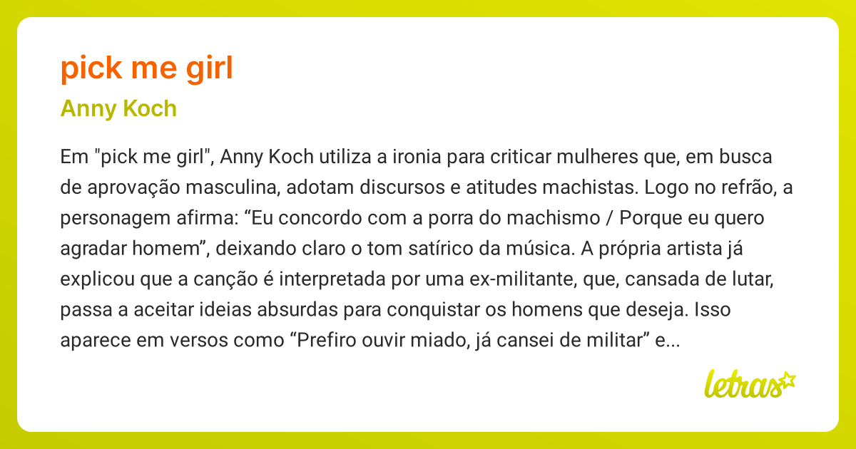 Significado da música PICK ME GIRL (Anny Koch) - LETRAS.MUS.BR