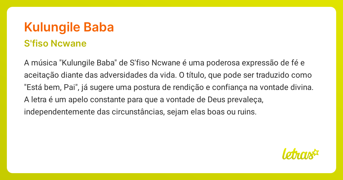 Significado da música KULUNGILE BABA (S'fiso Ncwane) - LETRAS.MUS.BR