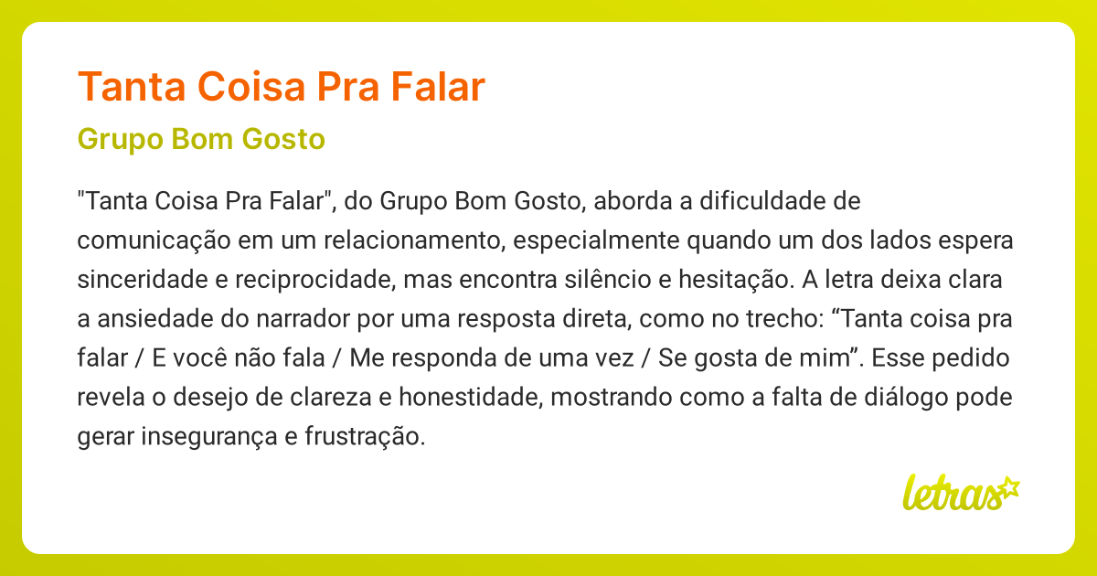 Significado da música TANTA COISA PRA FALAR (Grupo Bom Gosto) - LETRAS ...