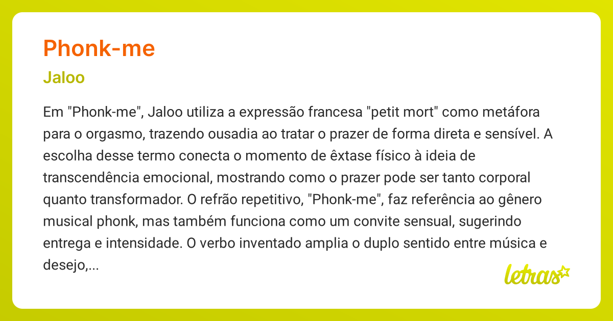 Significado da música PHONK-ME (Jaloo) - LETRAS.MUS.BR