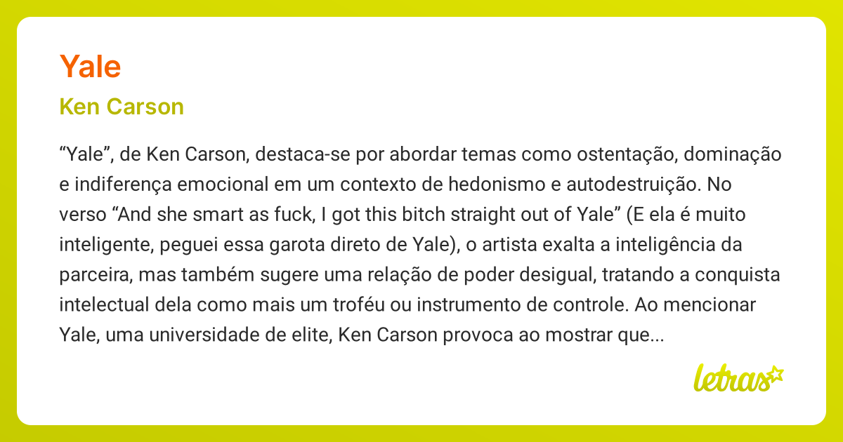 Significado da música YALE (Ken Carson) - LETRAS.MUS.BR