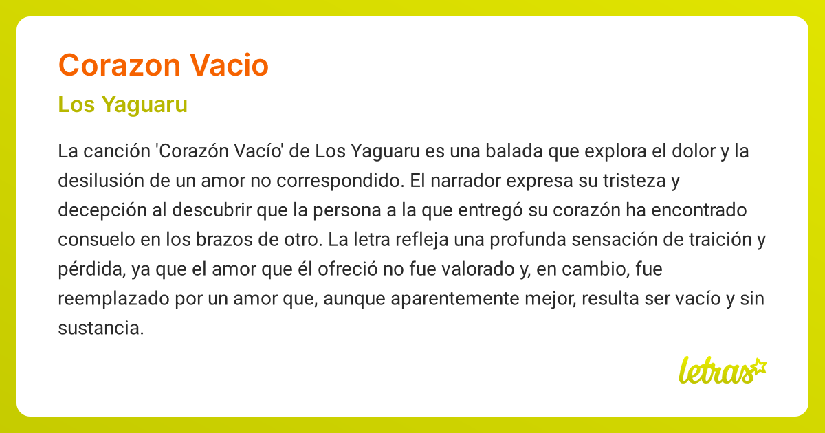 Significado de la canción CORAZON VACIO (Los Yaguaru) - LETRAS.COM