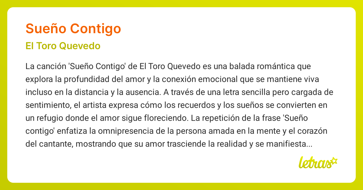 Significado de la canción SUEÑO CONTIGO (El Toro Quevedo) - LETRAS.COM