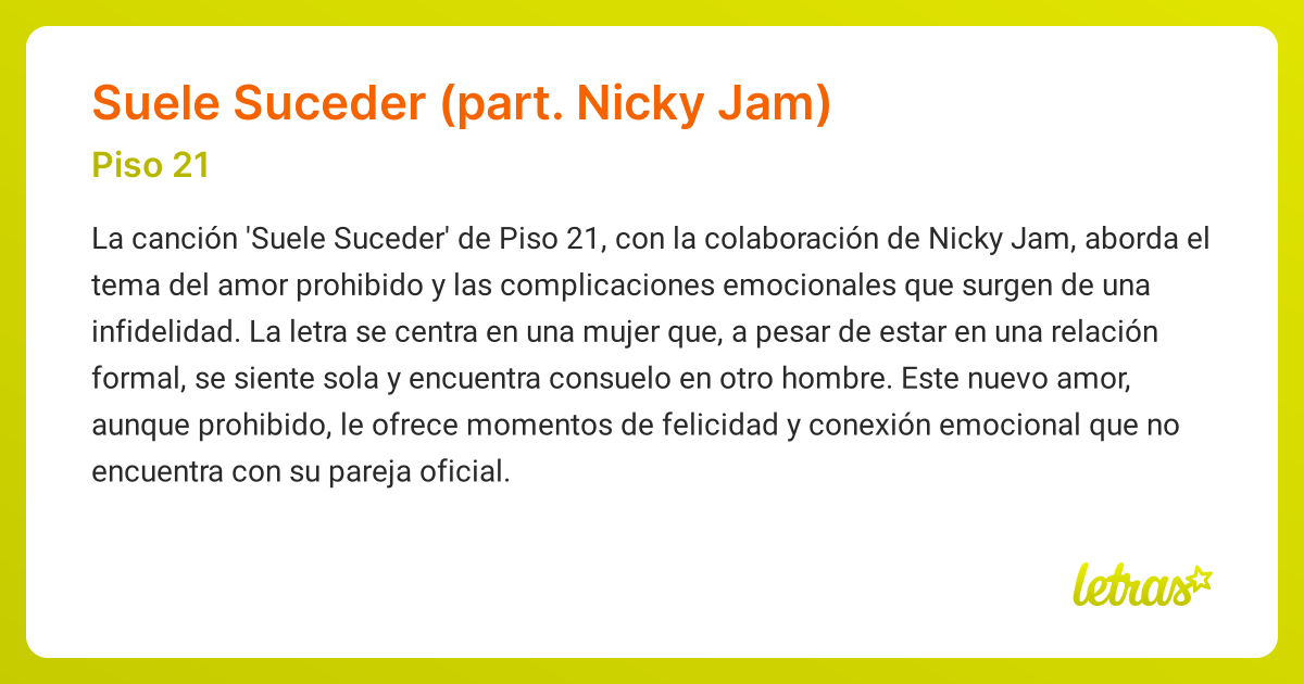 Significado de la canción Suele Suceder (part. Nicky Jam) (Piso 21 ...