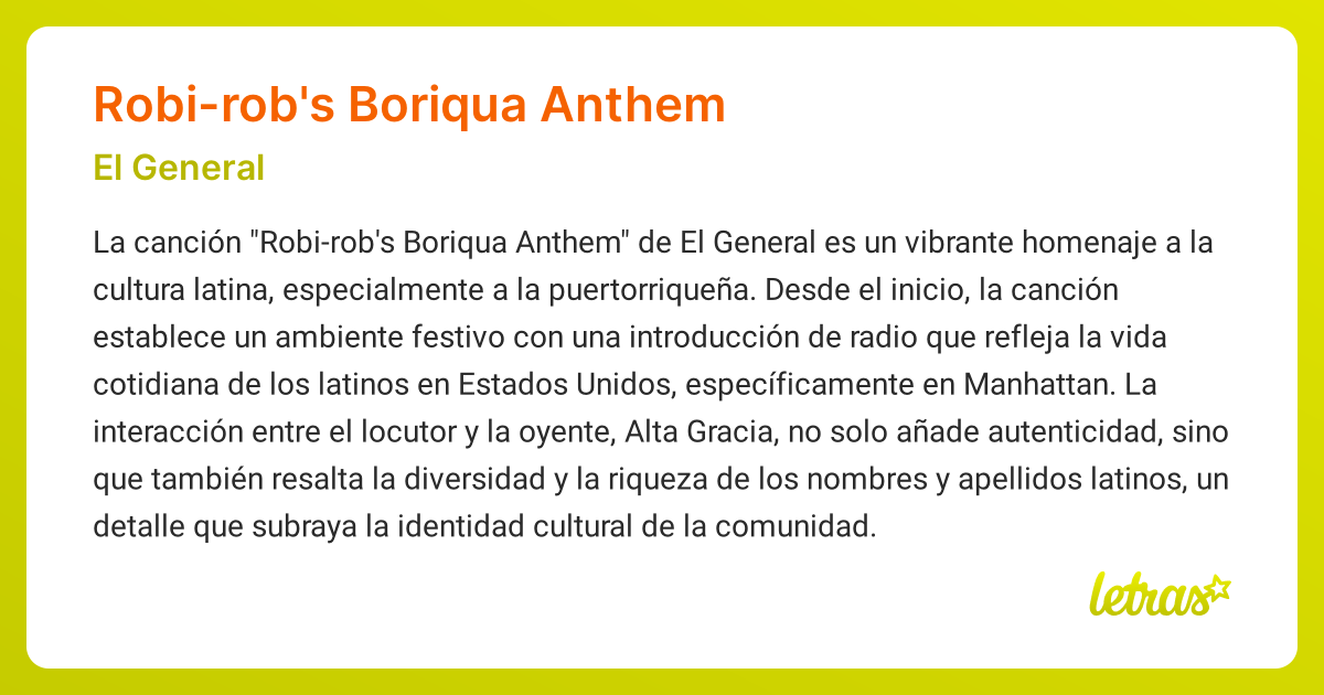 Significado de la canción ROBI-ROB'S BORIQUA ANTHEM (El General ...