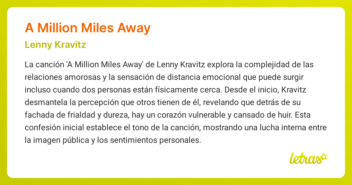 Significado de la canción A MILLION MILES AWAY (Lenny Kravitz) - LETRAS.COM