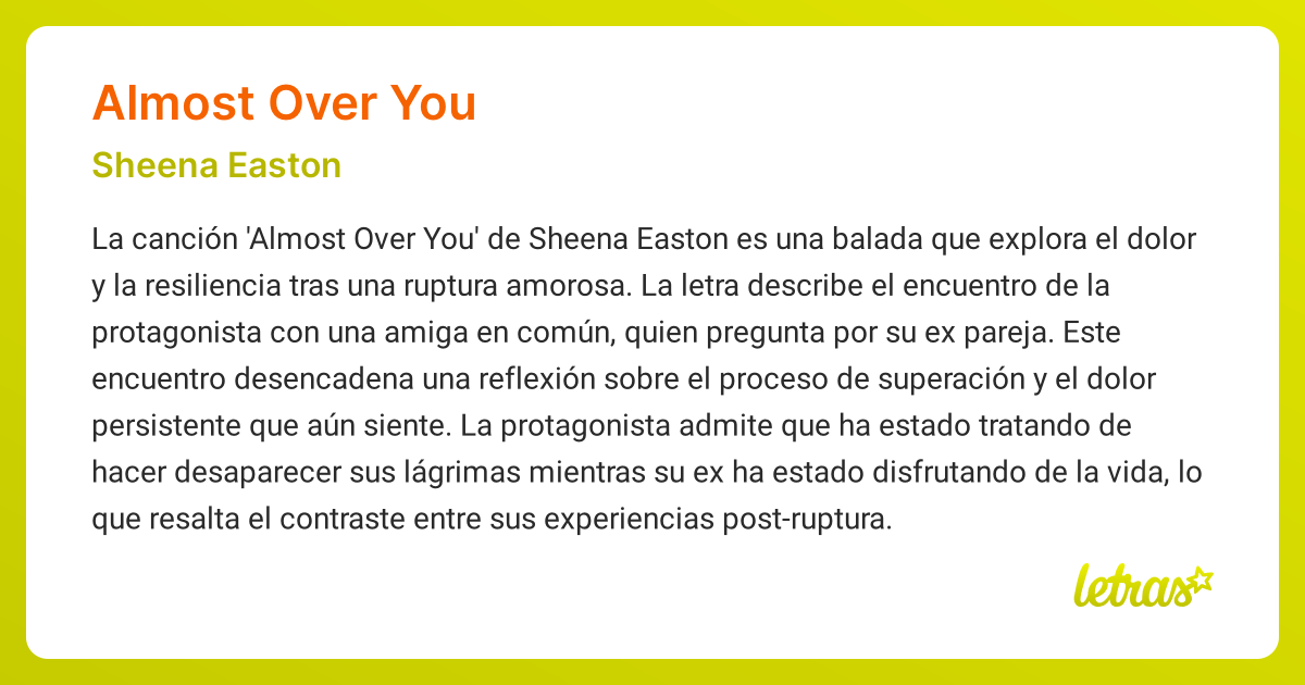 Significado de la canción ALMOST OVER YOU (Sheena Easton) - LETRAS.COM