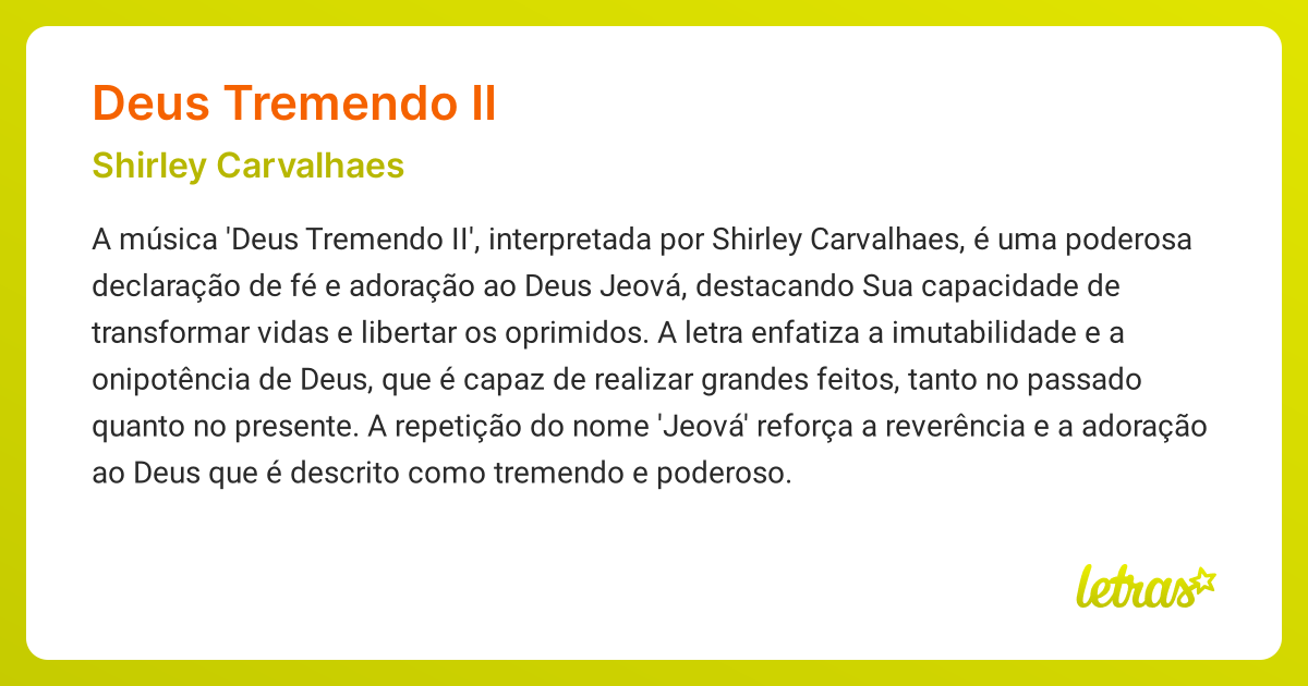 Significado da música DEUS TREMENDO II (Shirley Carvalhaes) - LETRAS.MUS.BR