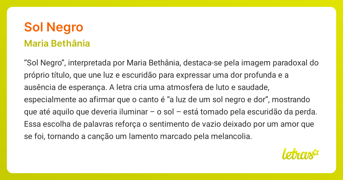 Significado da música SOL NEGRO (Maria Bethânia) - LETRAS.MUS.BR