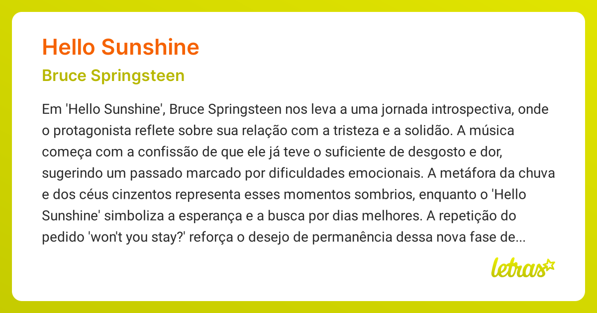 Significado da música HELLO SUNSHINE (Bruce Springsteen) - LETRAS.MUS.BR