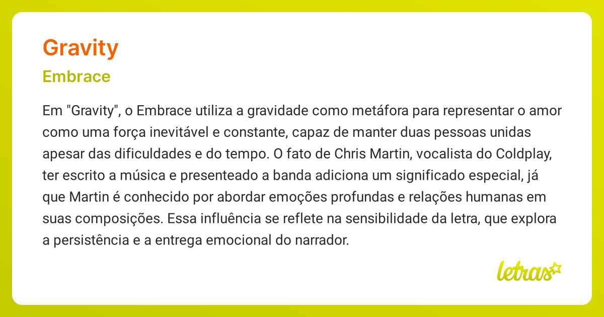 Significado da música GRAVITY (Embrace) - LETRAS.MUS.BR