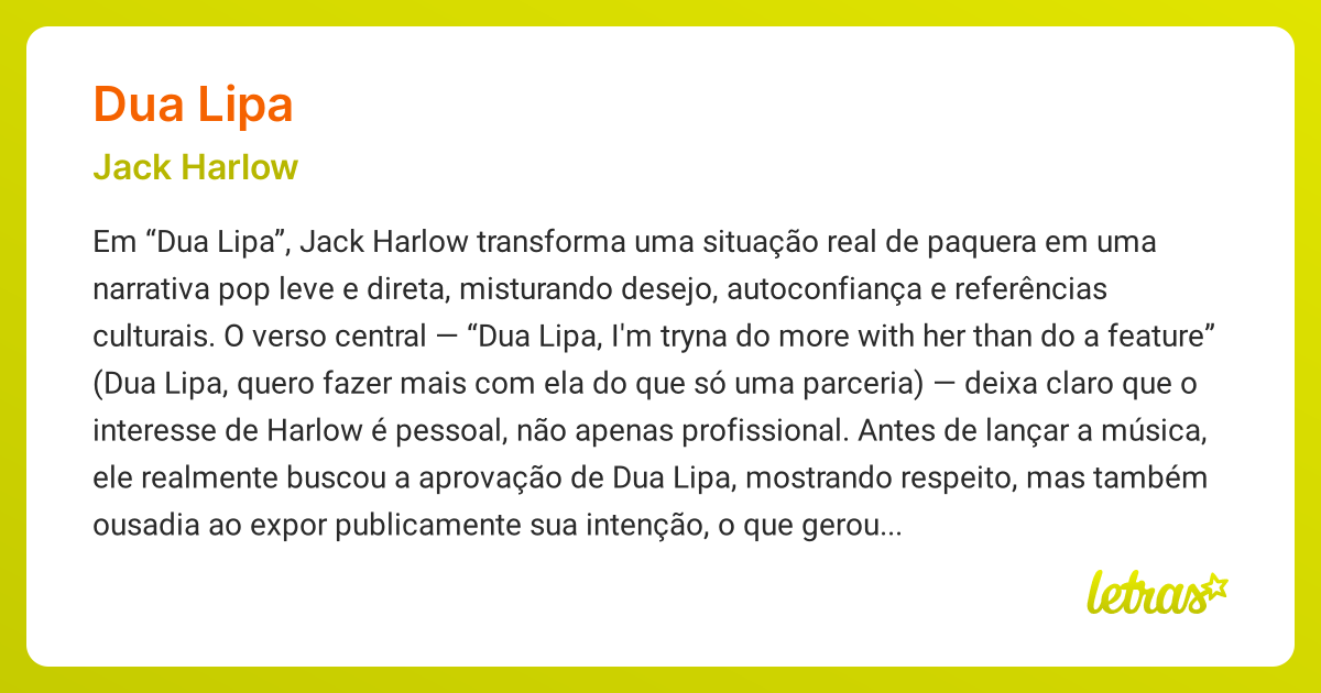 Significado da música DUA LIPA (Jack Harlow) - LETRAS.MUS.BR