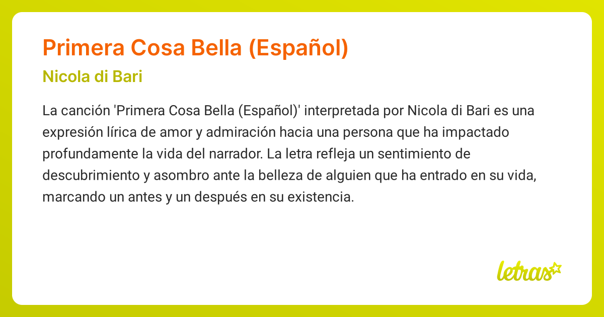 Significado de la canción PRIMERA COSA BELLA (ESPAÑOL) (Nicola di Bari ...