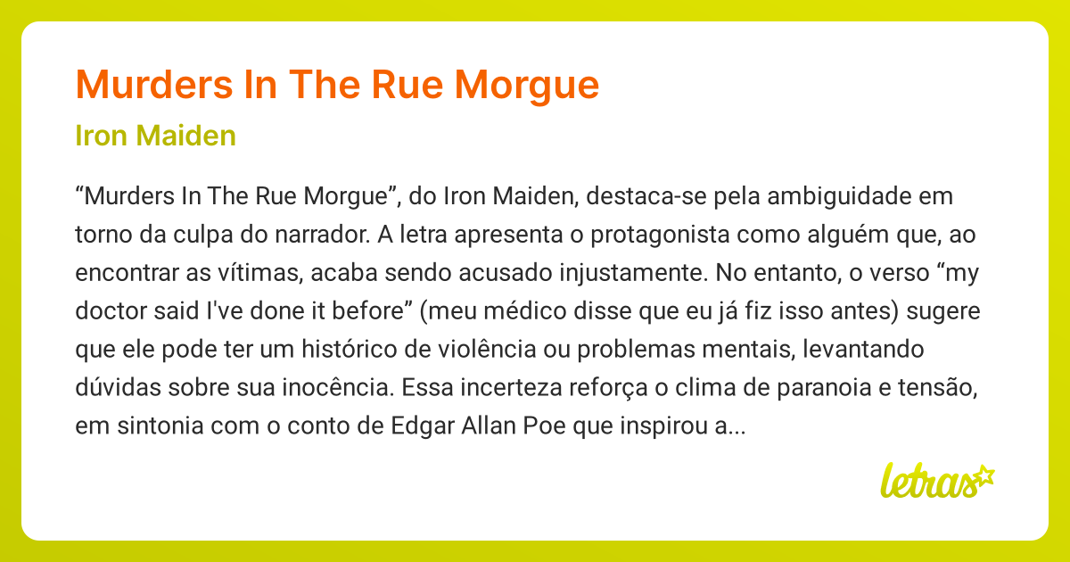 Significado da música MURDERS IN THE RUE MORGUE (Iron Maiden) - LETRAS ...