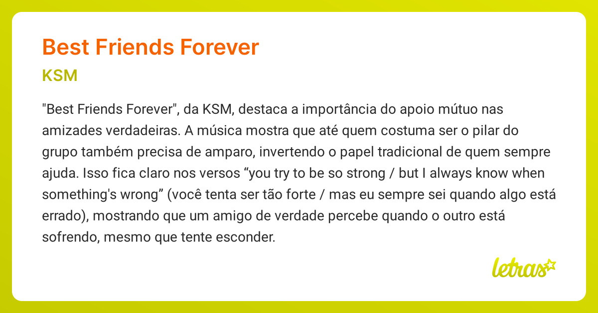 Significado da música BEST FRIENDS FOREVER (KSM) - LETRAS.MUS.BR