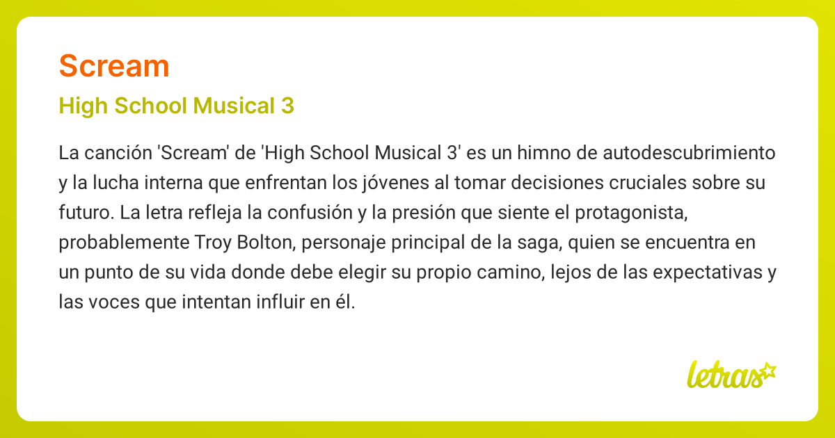 Significado de la canción SCREAM (High School Musical 3) - LETRAS.COM