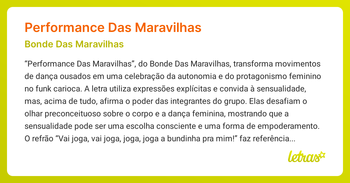 Significado da música PERFORMANCE DAS MARAVILHAS (Bonde Das Maravilhas) - LETRAS.MUS.BR