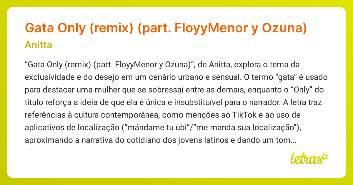 Significado da música Gata Only (remix) (part. FloyyMenor y Ozuna ...