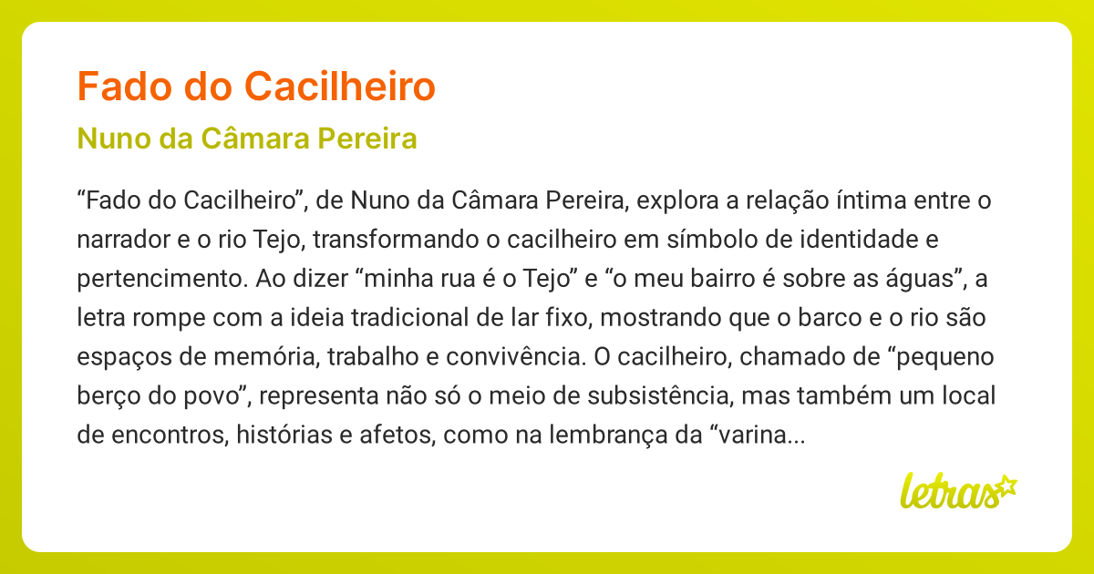 Significado da música FADO DO CACILHEIRO (Nuno da Câmara Pereira ...
