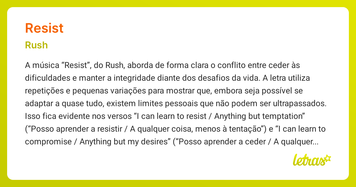 Significado da música RESIST (Rush) - LETRAS.MUS.BR