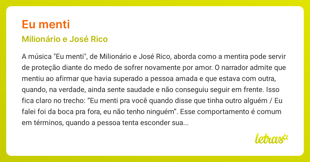 Significado da música EU MENTI (Milionário e José Rico) - LETRAS.MUS.BR
