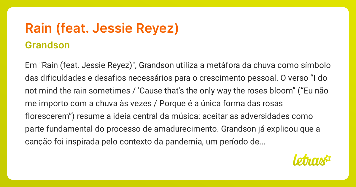 Significado da música RAIN (FEAT. JESSIE REYEZ) (Grandson) - LETRAS.MUS.BR