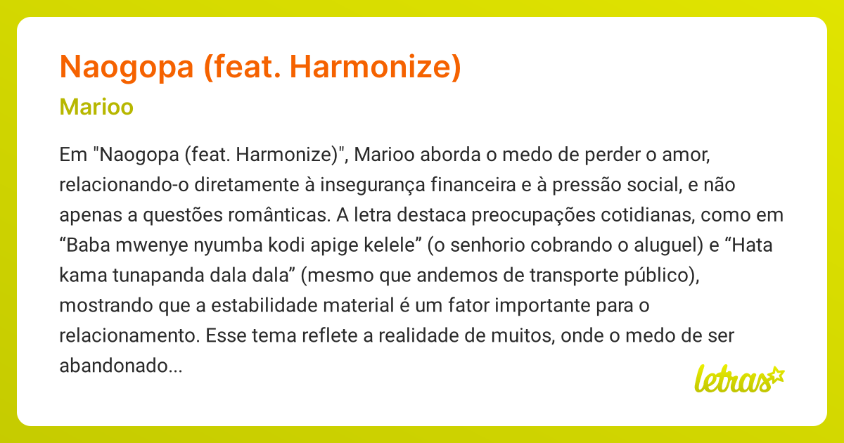 Significado da música NAOGOPA (FEAT. HARMONIZE) (Marioo) - LETRAS.MUS.BR