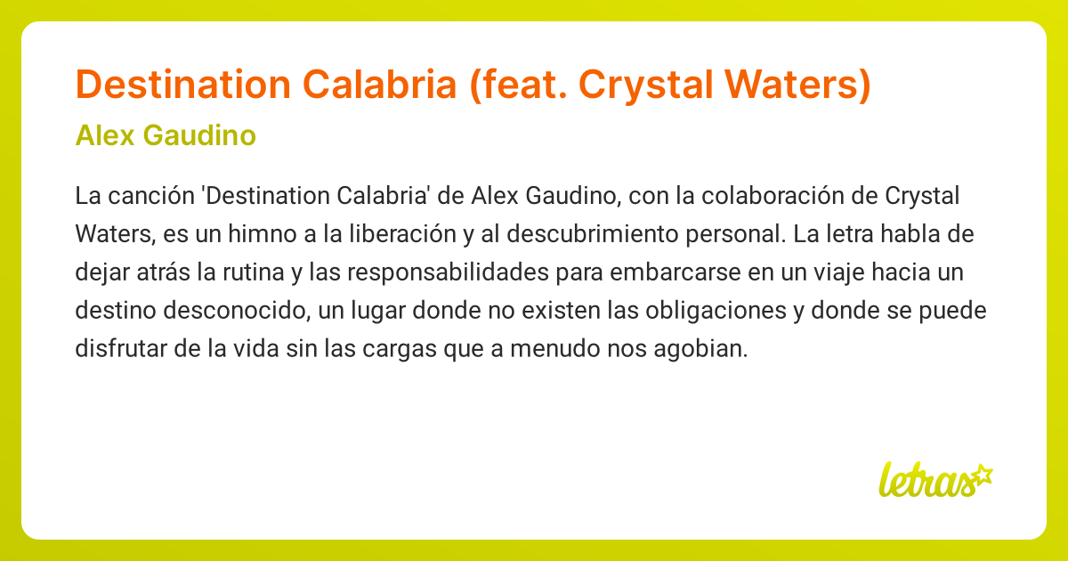 Significado de la canción Destination Calabria (feat. Crystal Waters ...