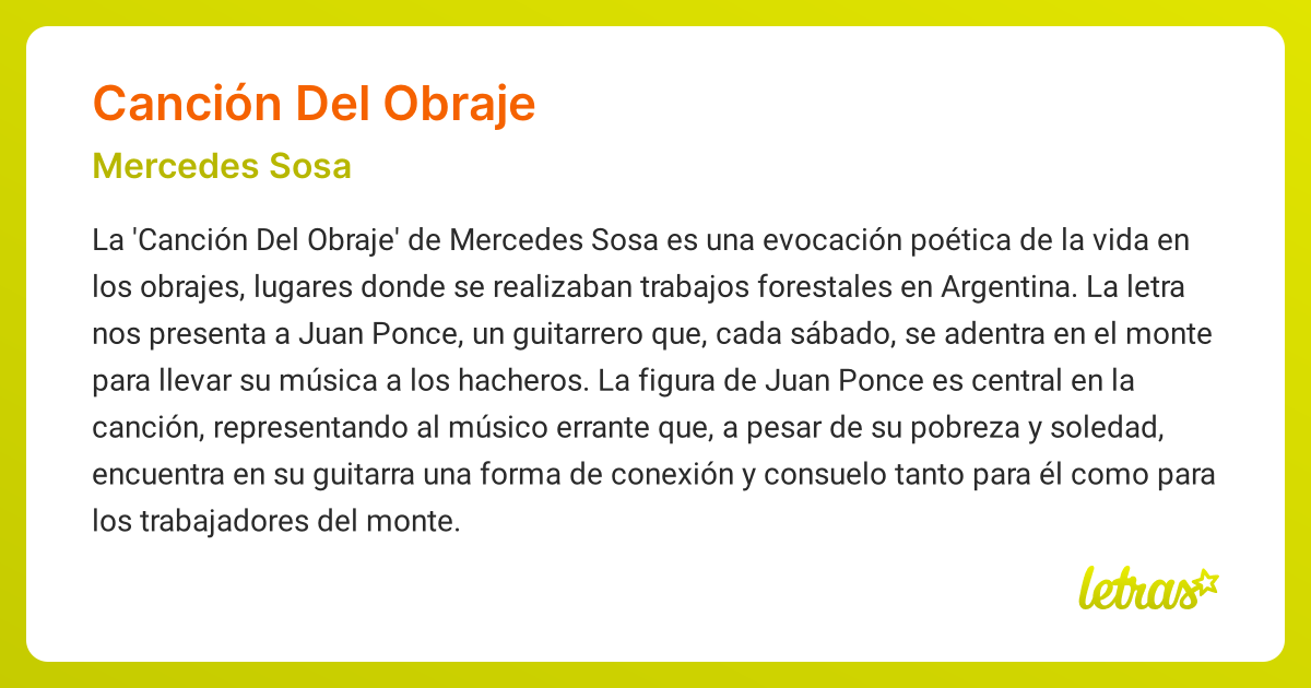 Significado de la canción CANCIÓN DEL OBRAJE (Mercedes Sosa) - LETRAS.COM