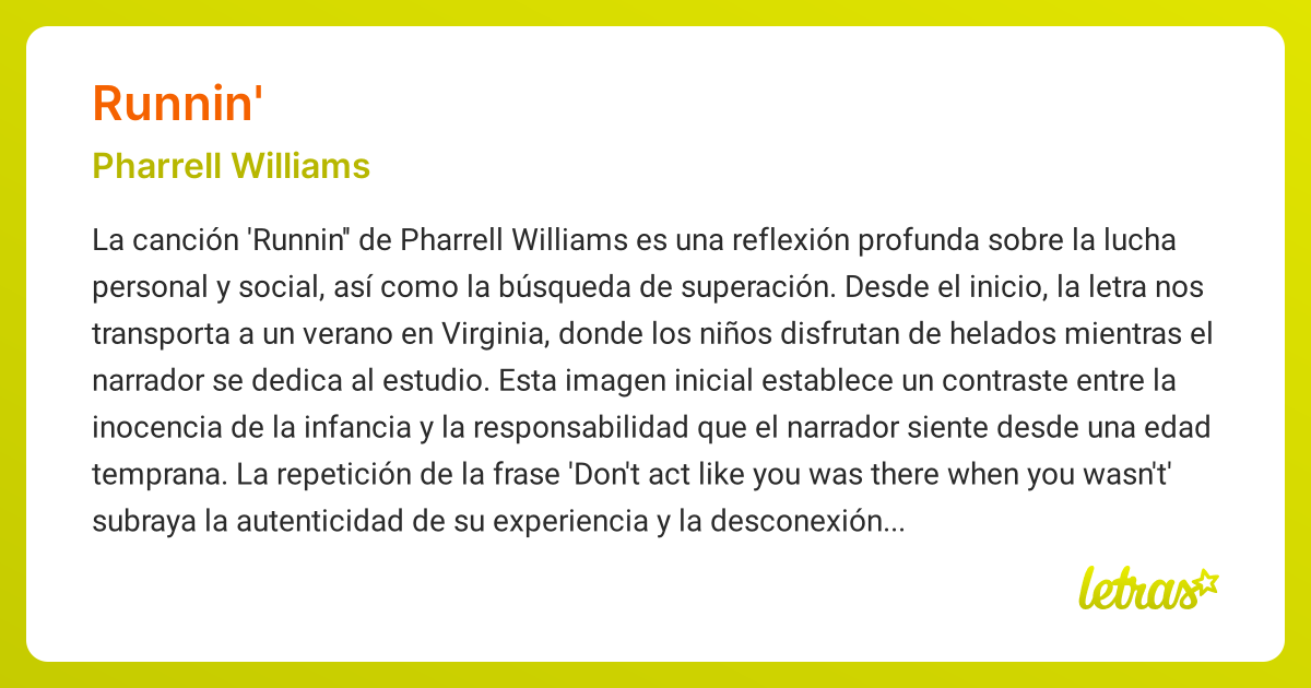 Significado de la canción RUNNIN' (Pharrell Williams) - LETRAS.COM