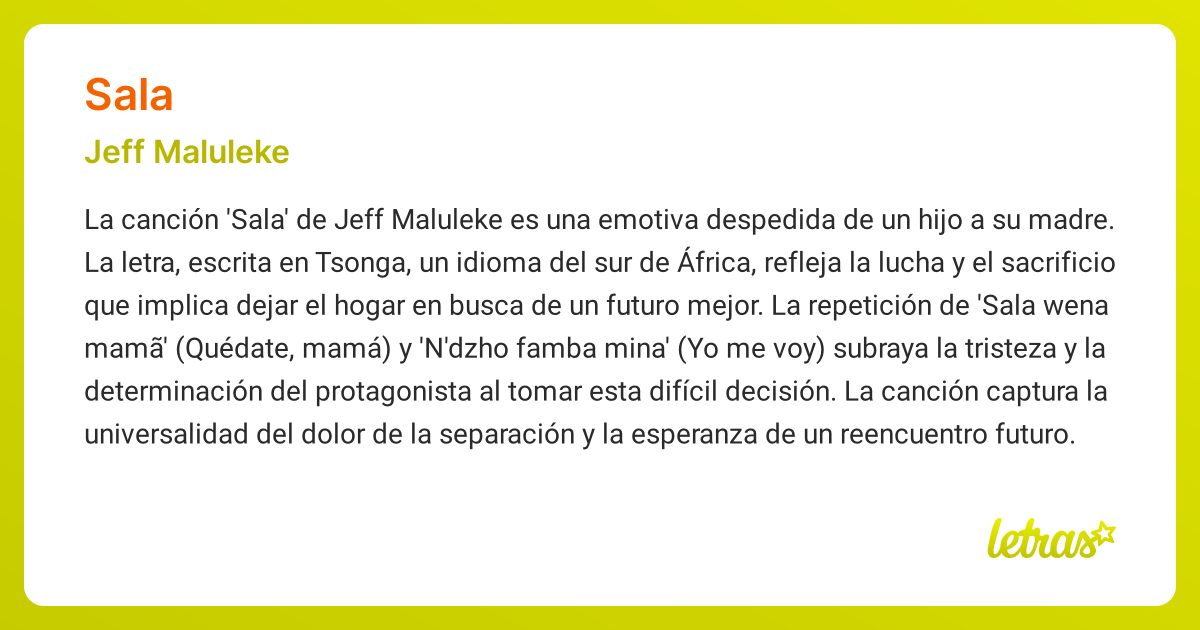 Significado de la canción SALA (Jeff Maluleke) - LETRAS.COM