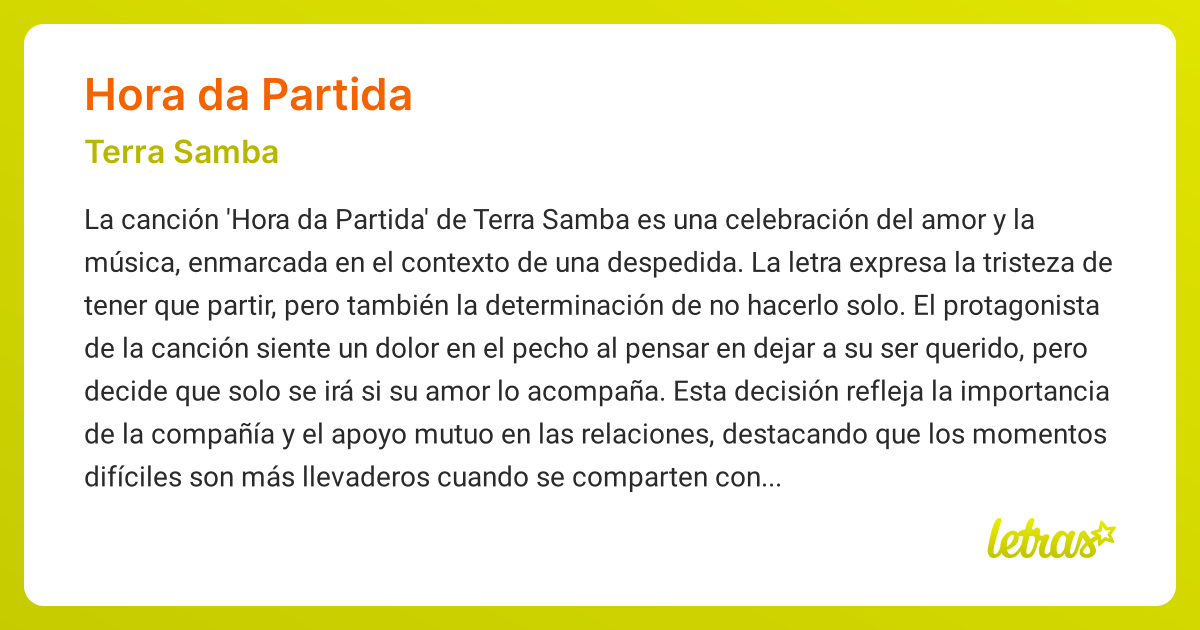 Significado de la canción HORA DA PARTIDA (Terra Samba) - LETRAS.COM