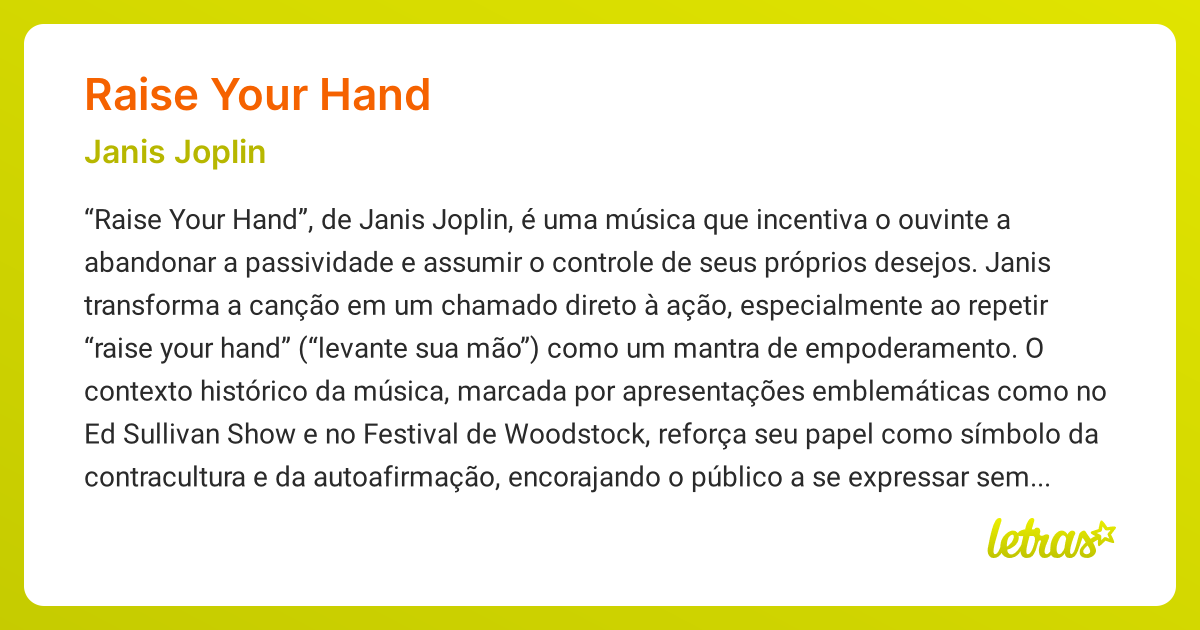 Significado da música RAISE YOUR HAND (Janis Joplin) - LETRAS.MUS.BR