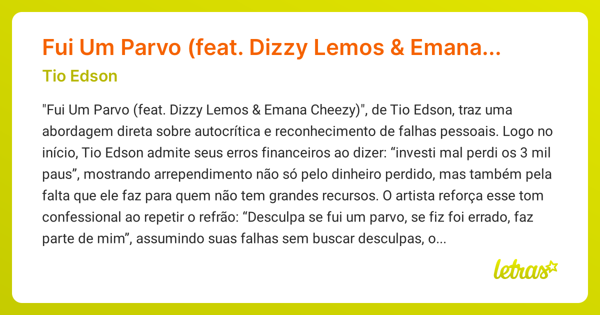 Significado da música Fui Um Parvo (feat. Dizzy Lemos & Emana Cheezy ...