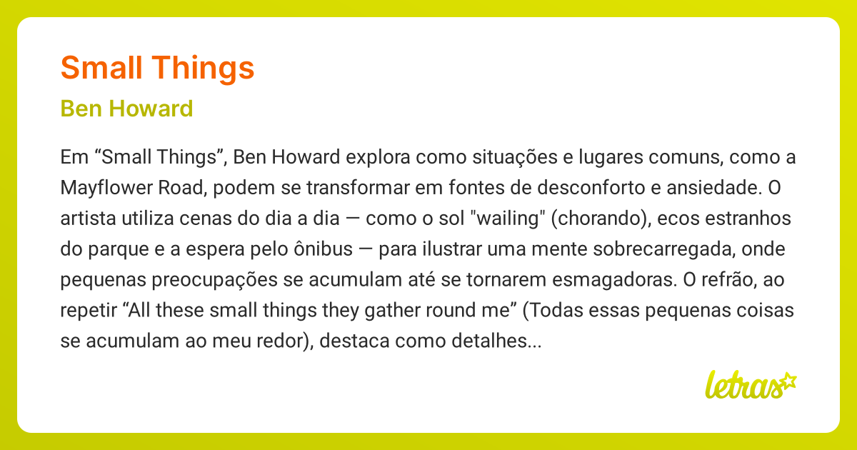 Significado da música SMALL THINGS (Ben Howard) - LETRAS.MUS.BR