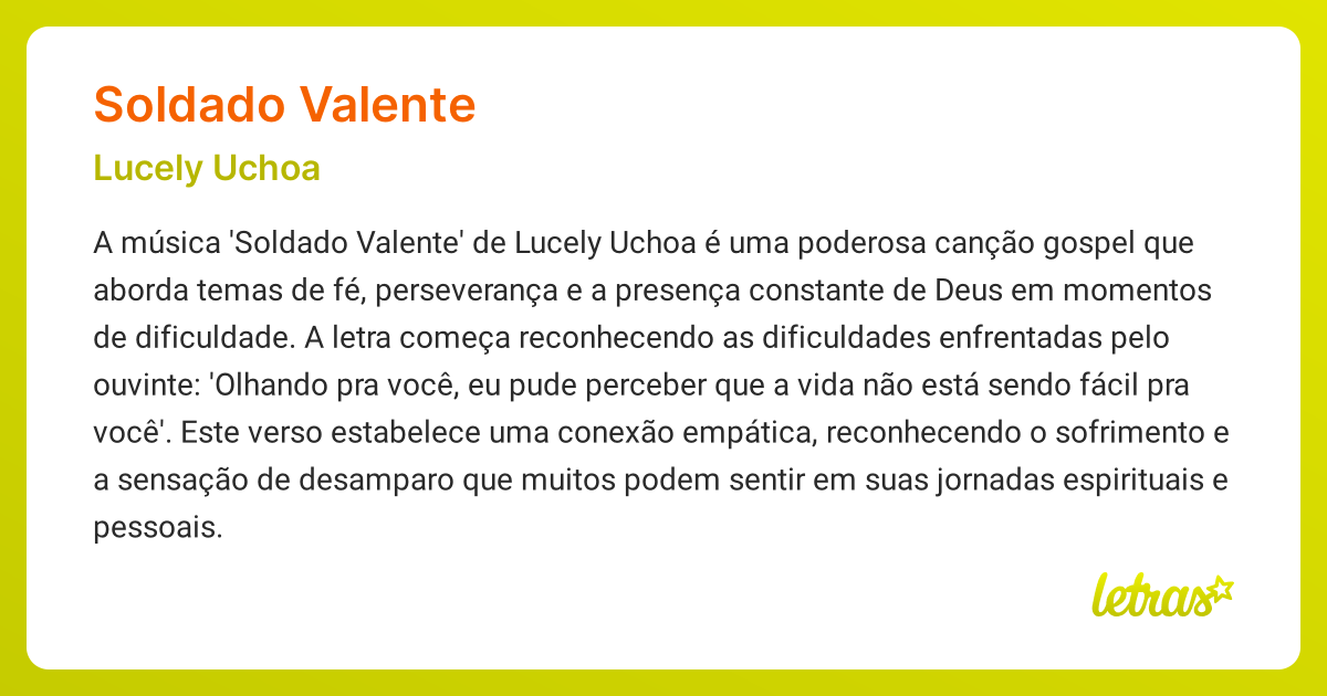 Significado da música SOLDADO VALENTE (Lucely Uchoa) - LETRAS.MUS.BR