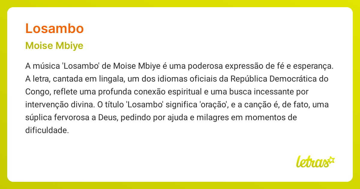 Significado da música LOSAMBO (Moise Mbiye) - LETRAS.MUS.BR