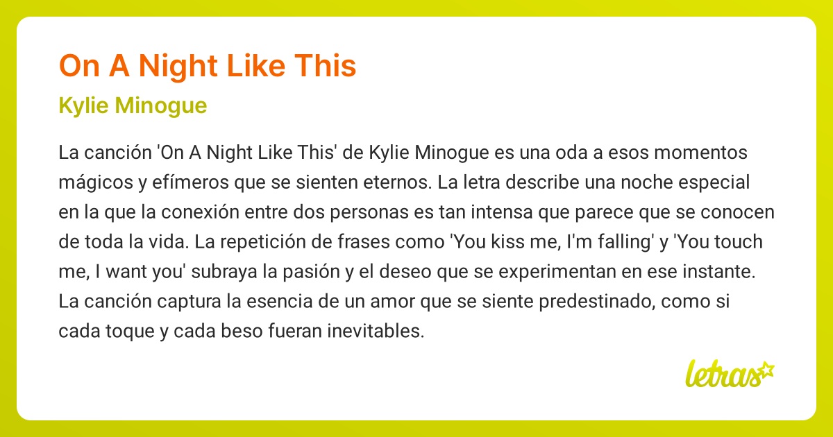 Significado de la canción ON A NIGHT LIKE THIS (Kylie Minogue) - LETRAS.COM