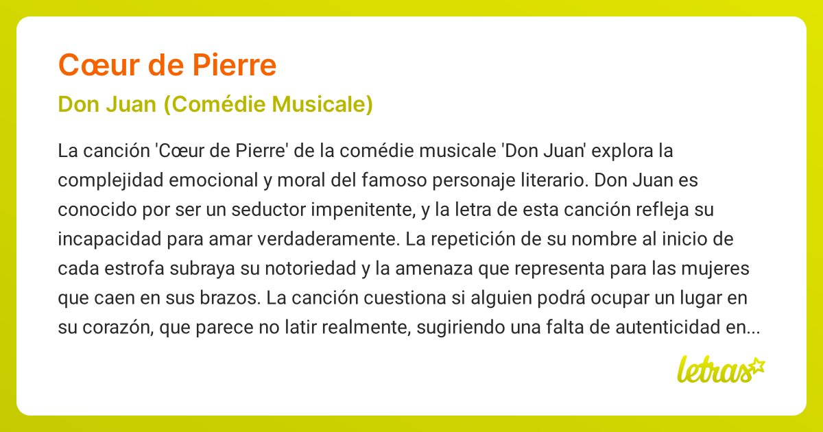 Significado de la canción CŒUR DE PIERRE (Don Juan (Comédie Musicale ...