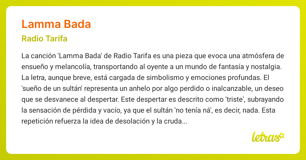 Significado de la canción LAMMA BADA (Radio Tarifa) - LETRAS.COM
