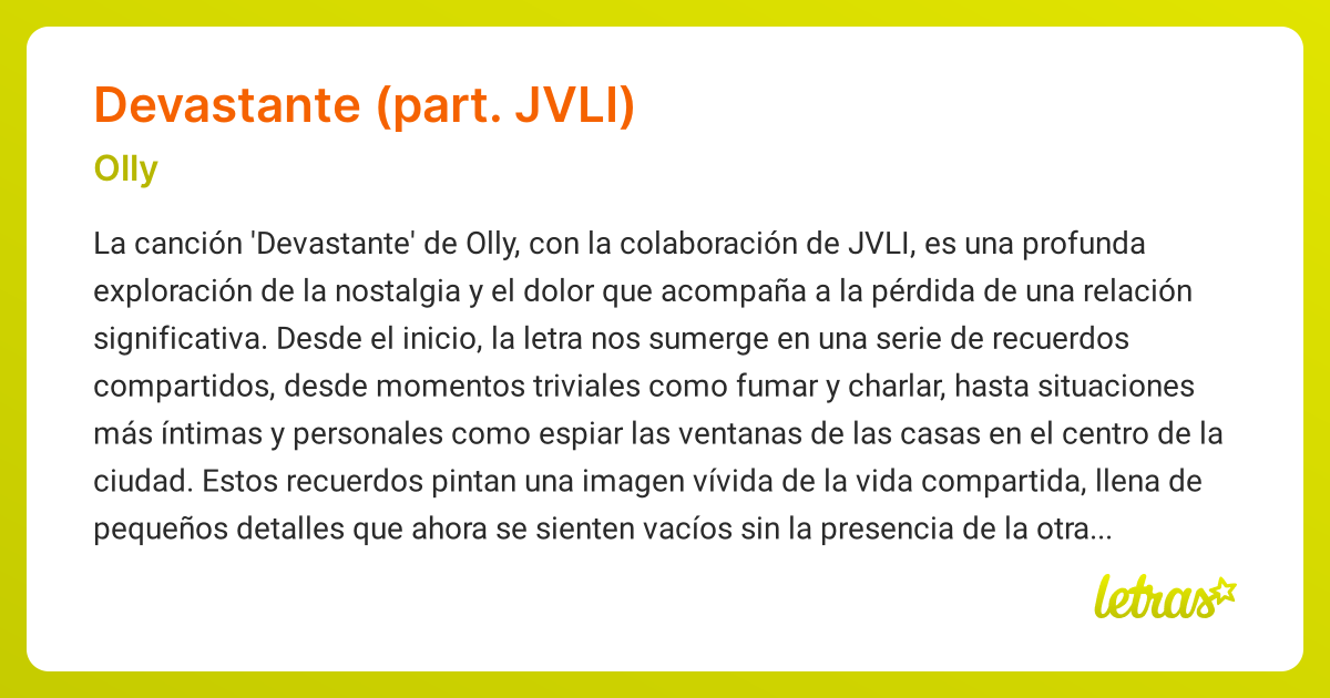 Significado de la canción DEVASTANTE (PART. JVLI) (Olly) - LETRAS.COM