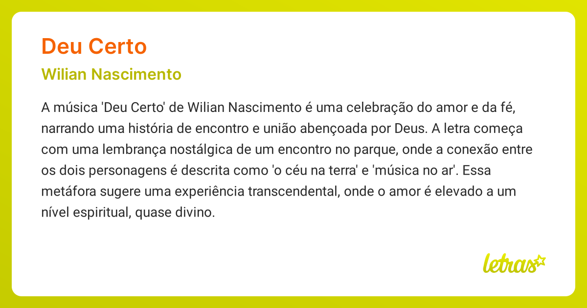 Significado da música DEU CERTO (Wilian Nascimento) - LETRAS.MUS.BR