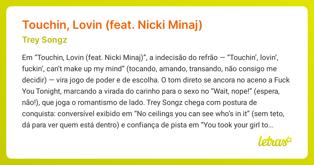 Significado da música Touchin, Lovin (feat. Nicki Minaj) (Trey Songz ...