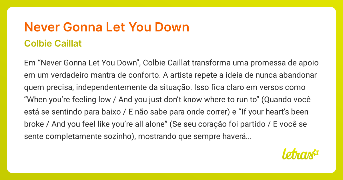 Significado da música NEVER GONNA LET YOU DOWN (Colbie Caillat ...