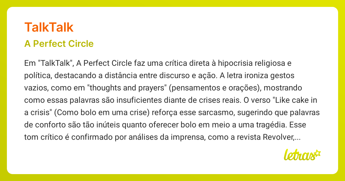 Significado da música TALKTALK (A Perfect Circle) - LETRAS.MUS.BR